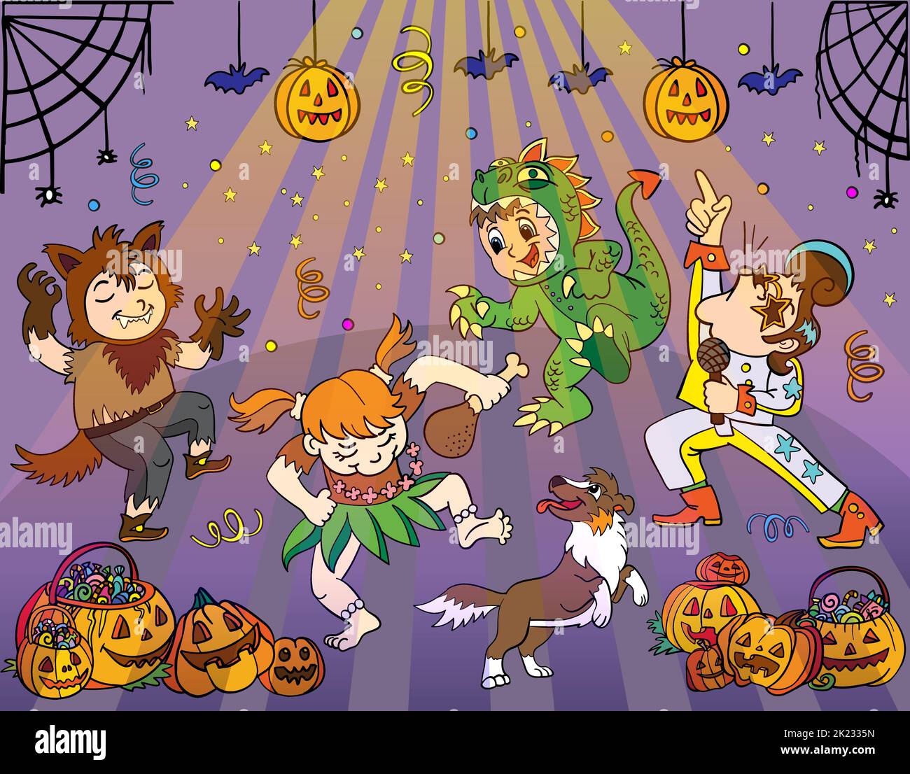 Cute little dancing kids in halloween costumes. Halloween party concept ...