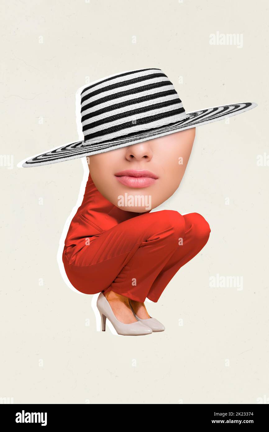 Vertical collage image of girl big head striped headwear cover eyes ... Vertical collage image of girl big head striped headwear cover eyes ...