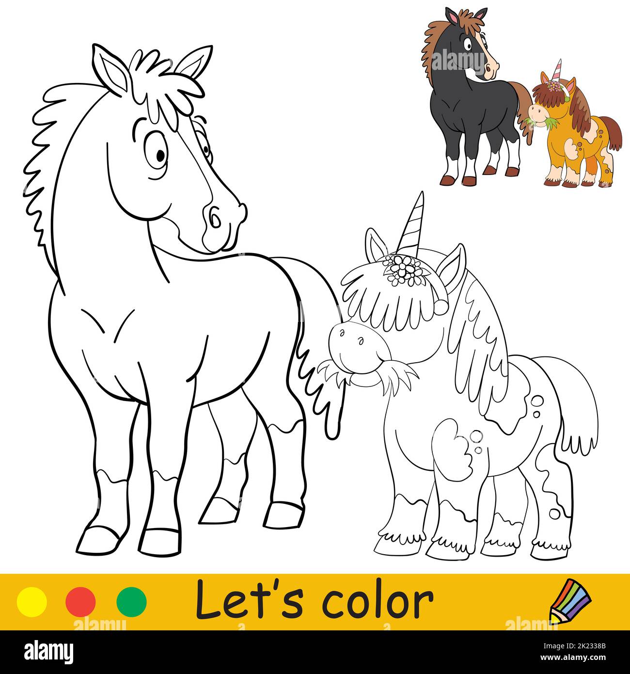 Cute pony unicorn and surprised horse. Kids coloring book page and ...