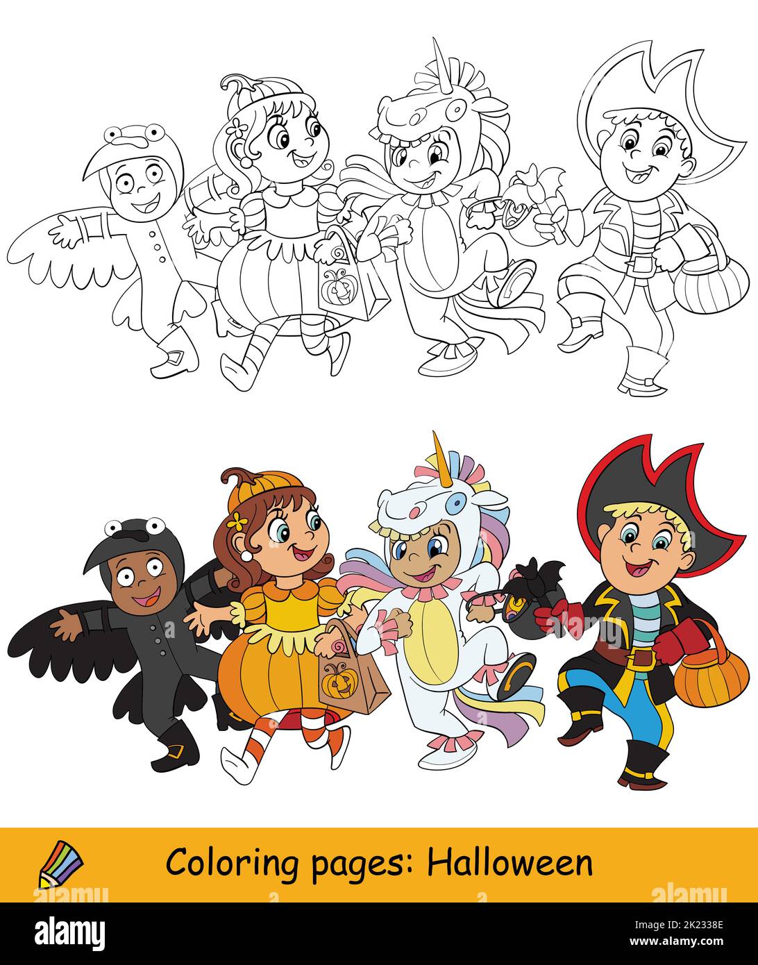 Cute kids in halloween costumes of pirate, unicorn, pumpkin and raven ...