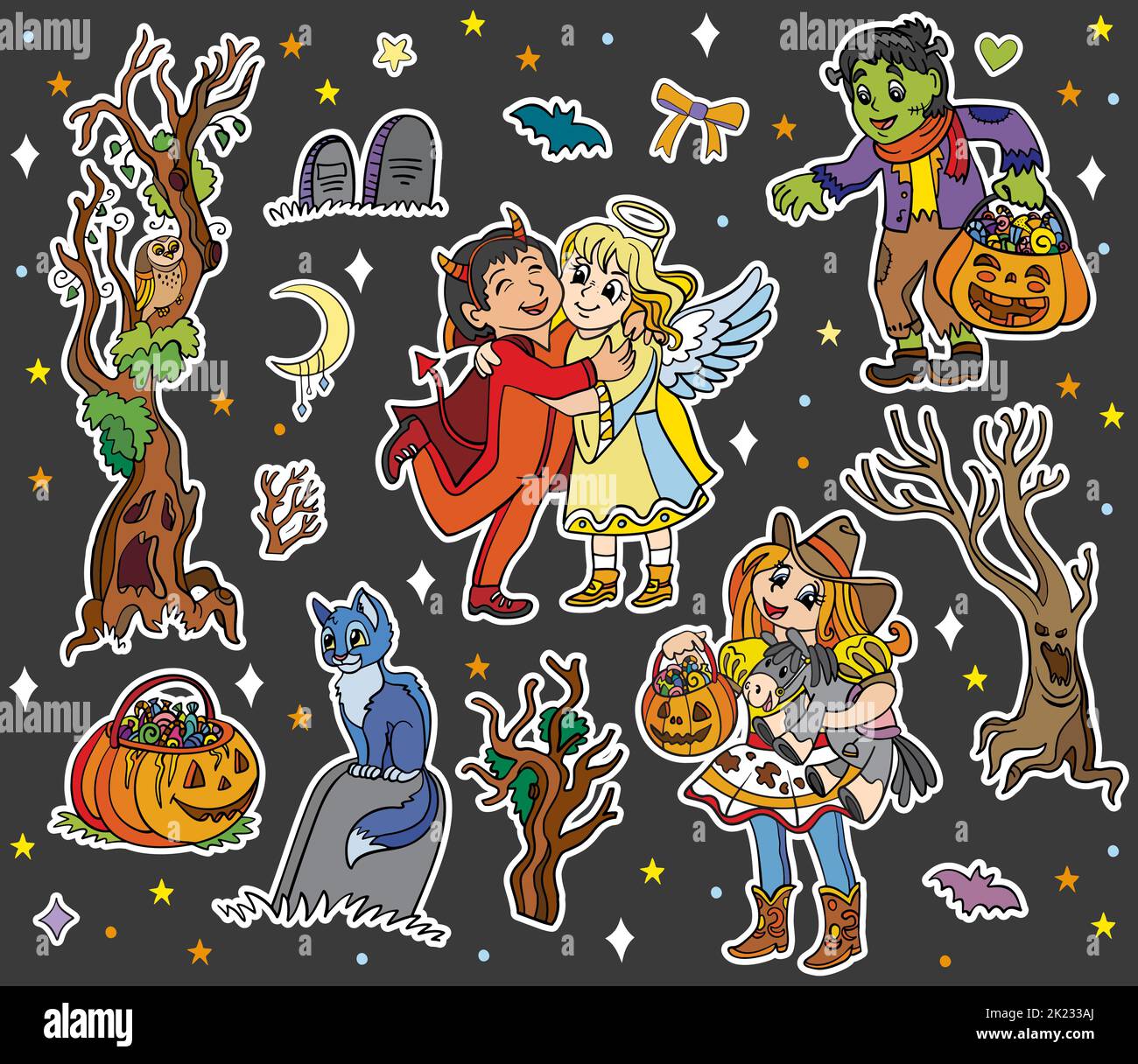 Halloween characters and elements sticker set. Angel, demon, dead tree ...