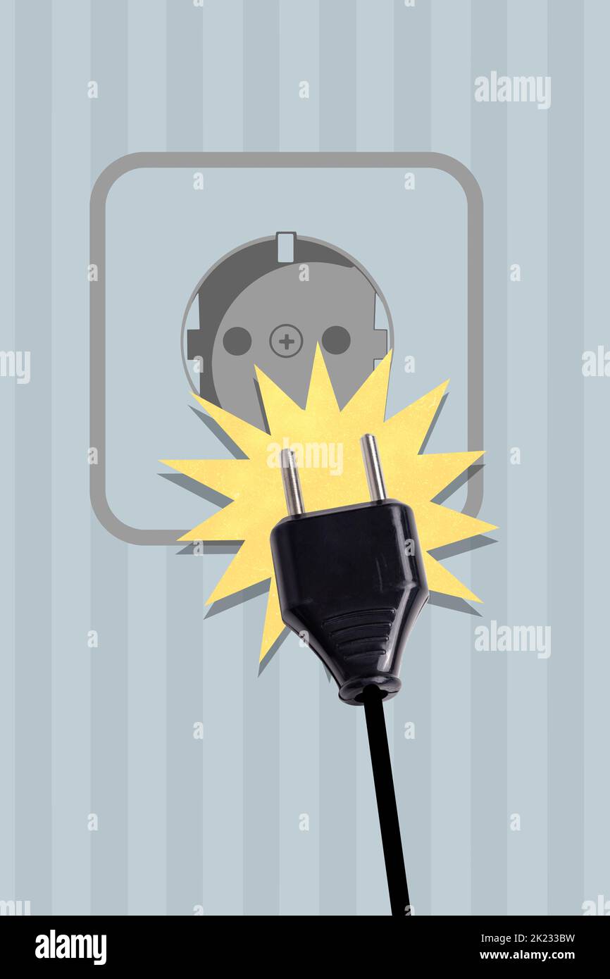 Vertical collage illustration of electric socket plug drawing spark ...