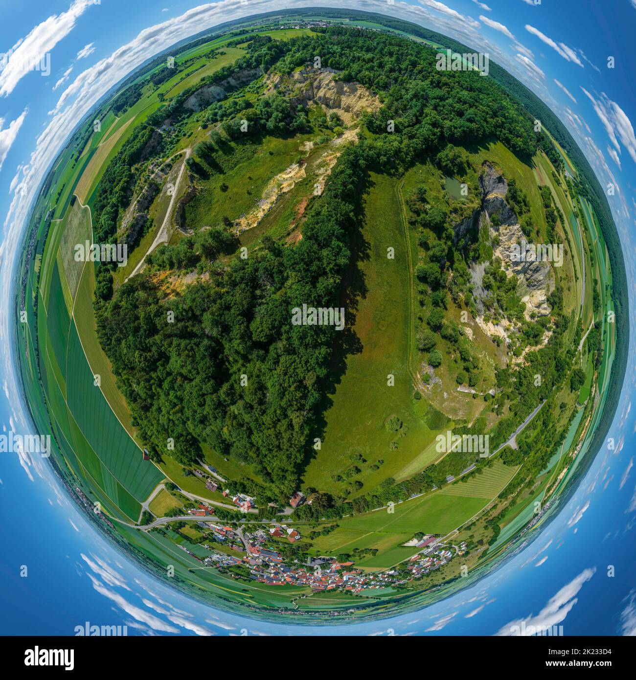 Aerial view to the geotope Lindle Quarry near Nördlingen in Bavaria ...