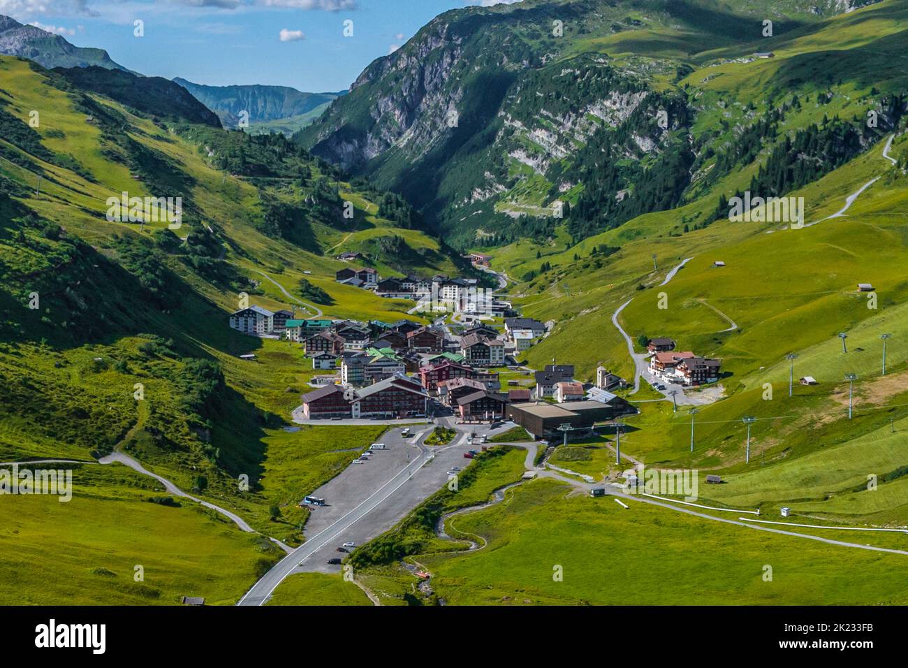Aerial view to the impressive mountain ranges around the Flexenpass in ...