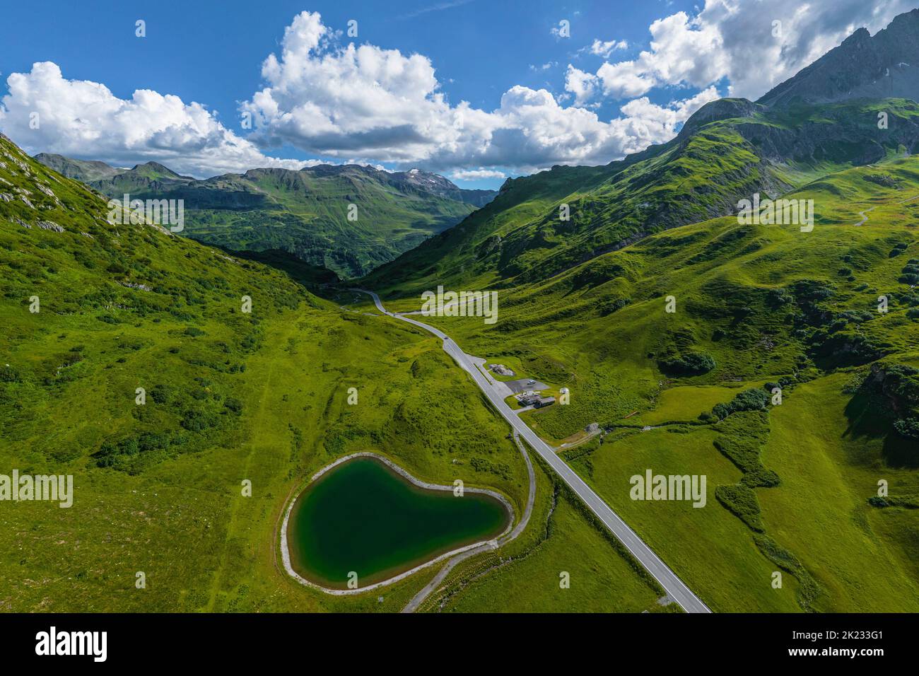Aerial view to the impressive mountain ranges around the Flexenpass in ...