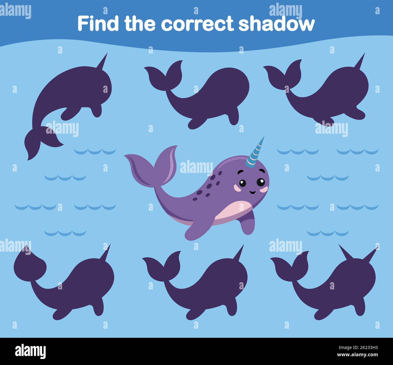 Narwhal shadow. Children's mini game, training, cards Series with ...