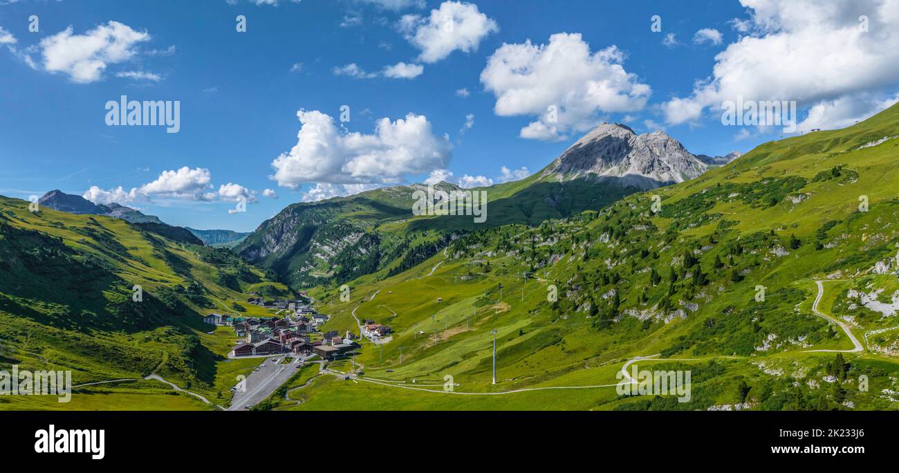 Aerial view to the impressive mountain ranges around the Flexenpass in ...