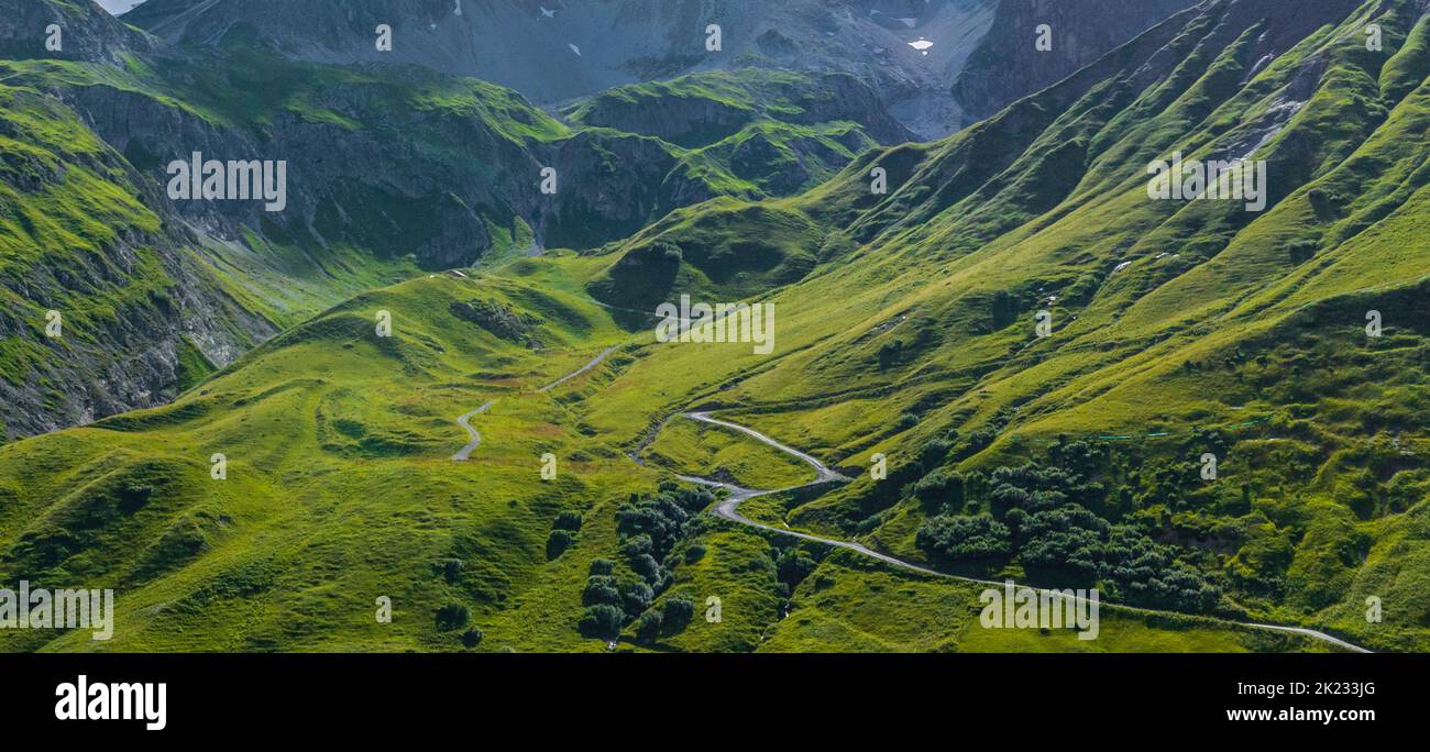 Aerial view to the impressive mountain ranges around the Flexenpass in ...
