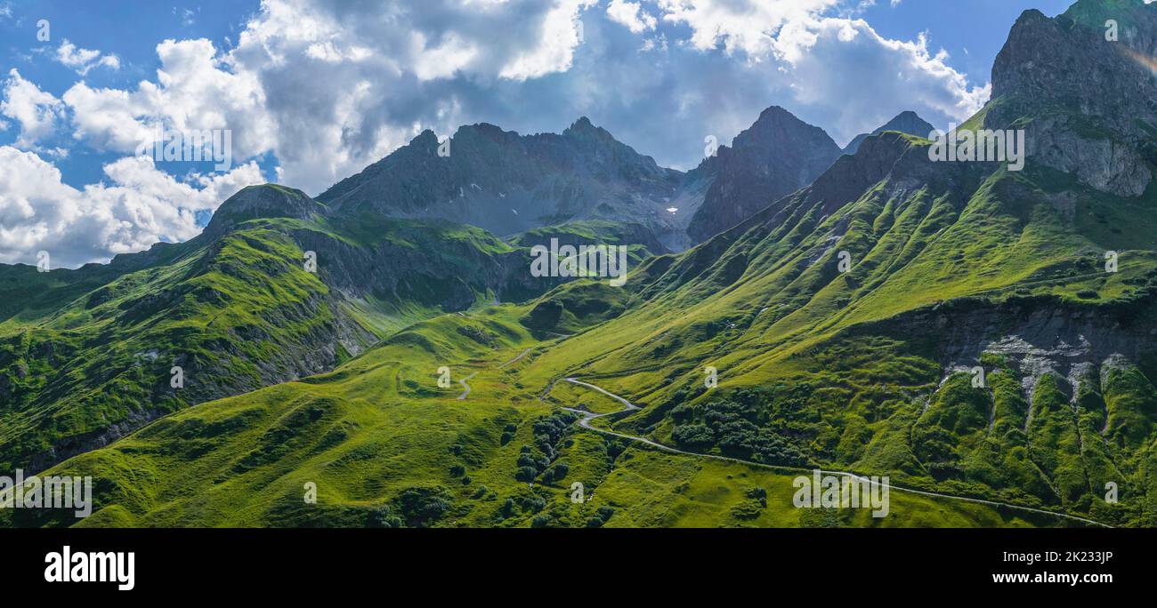 Aerial view to the impressive mountain ranges around the Flexenpass in ...