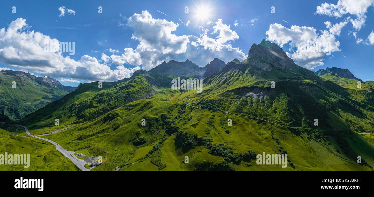 Aerial view to the impressive mountain ranges around the Flexenpass in ...