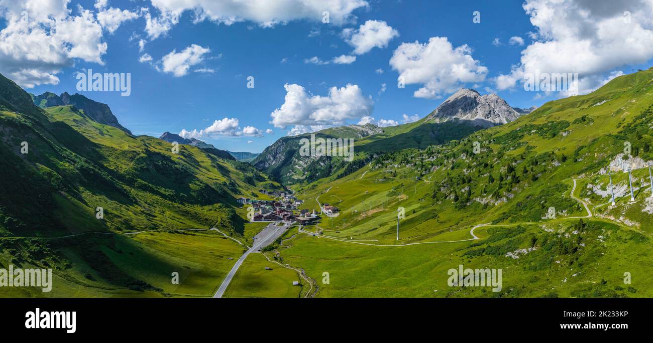 Aerial view to the impressive mountain ranges around the Flexenpass in ...