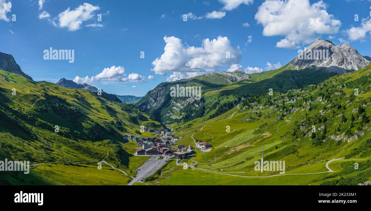 Aerial view to the impressive mountain ranges around the Flexenpass in ...