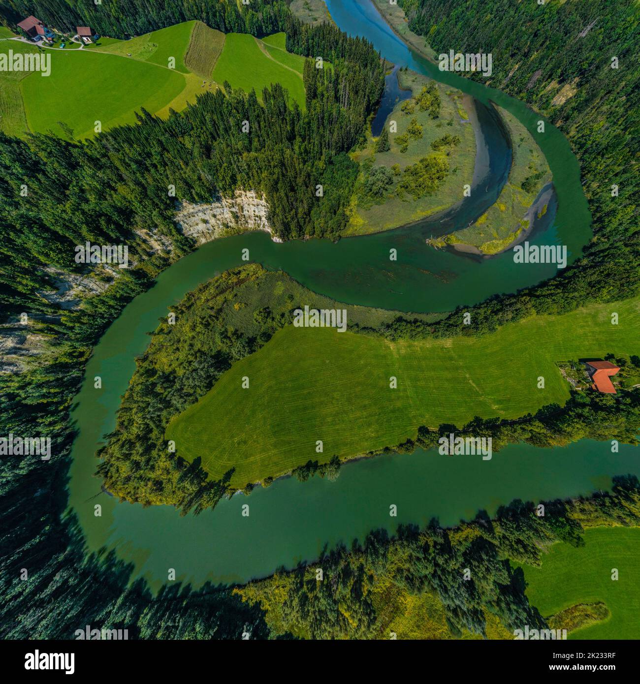 Aerial view to the spectacular Iller break through near Altusried in ...