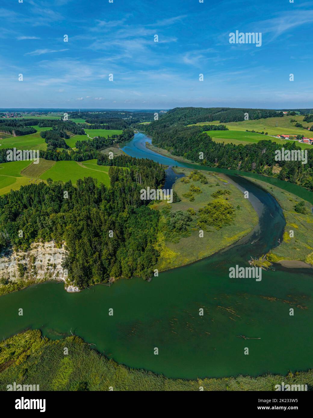 Aerial view to the spectacular Iller break through near Altusried in ...