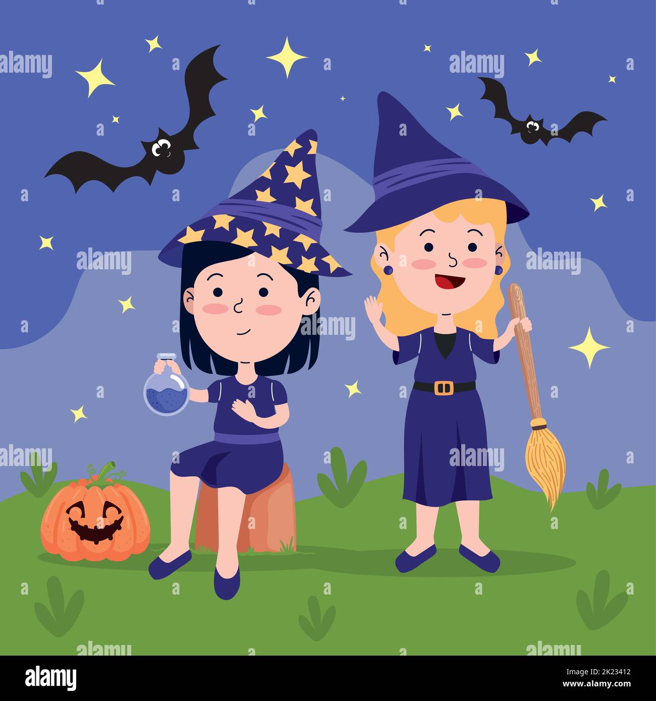 halloween witches with bats Stock Vector Image & Art - Alamy