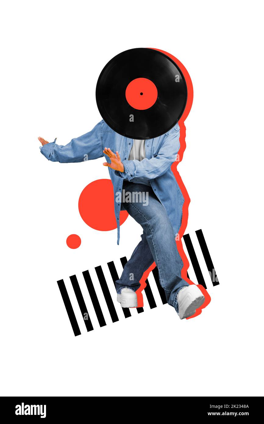 Vertical Collage Illustration Of Carefree Person Dancing Vinyl Record