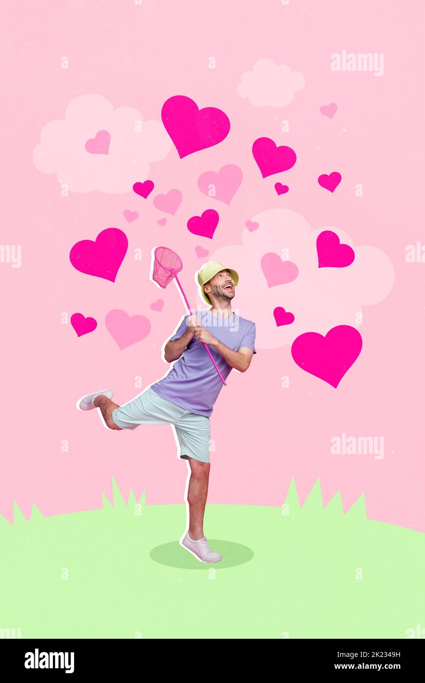 Vertical collage image of excited cheerful guy hold butterfly net catch ...