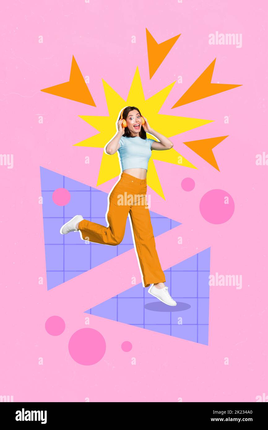 Vertical collage image of excited cheerful girl jumping hands touch ...
