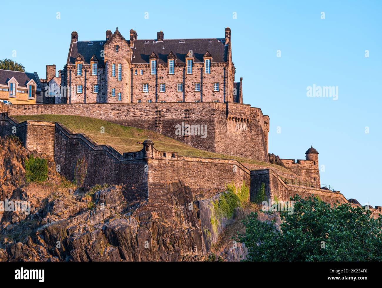 View of Edinburgh Castle outcrop rock with clear blue sky, Scotland, UK ...