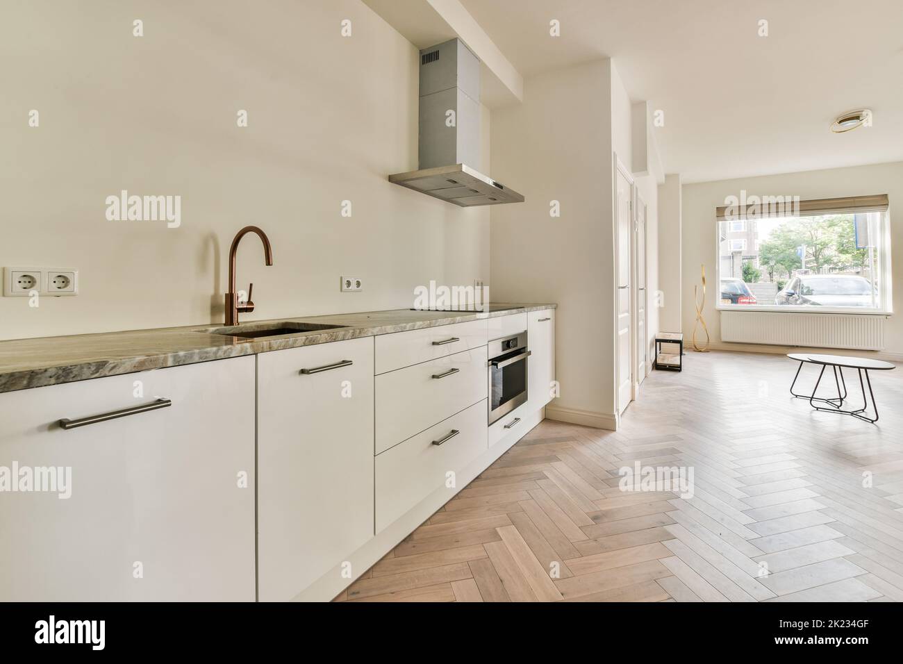Interior of empty kitchen with corridor and wooden parquet floor Stock ...