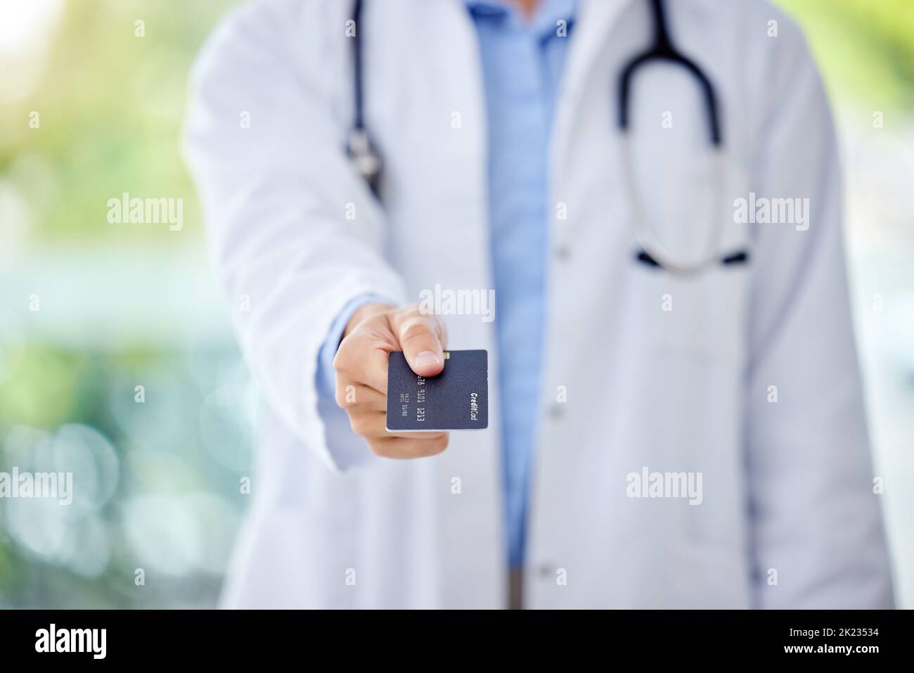 Medical credit card, insurance and doctor hand in financial support ...