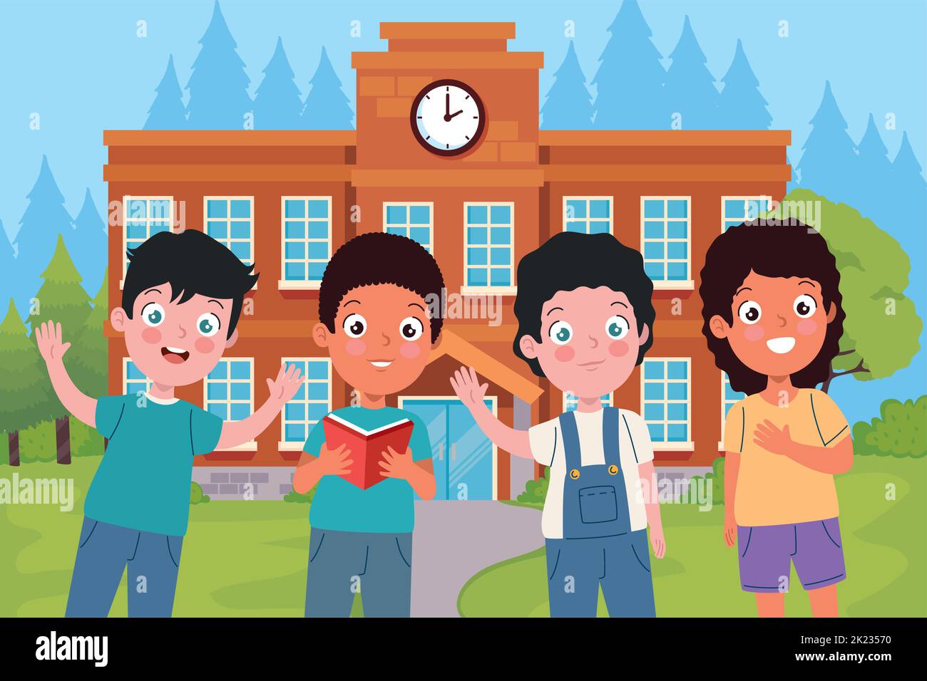school building with students kids Stock Vector Image & Art - Alamy
