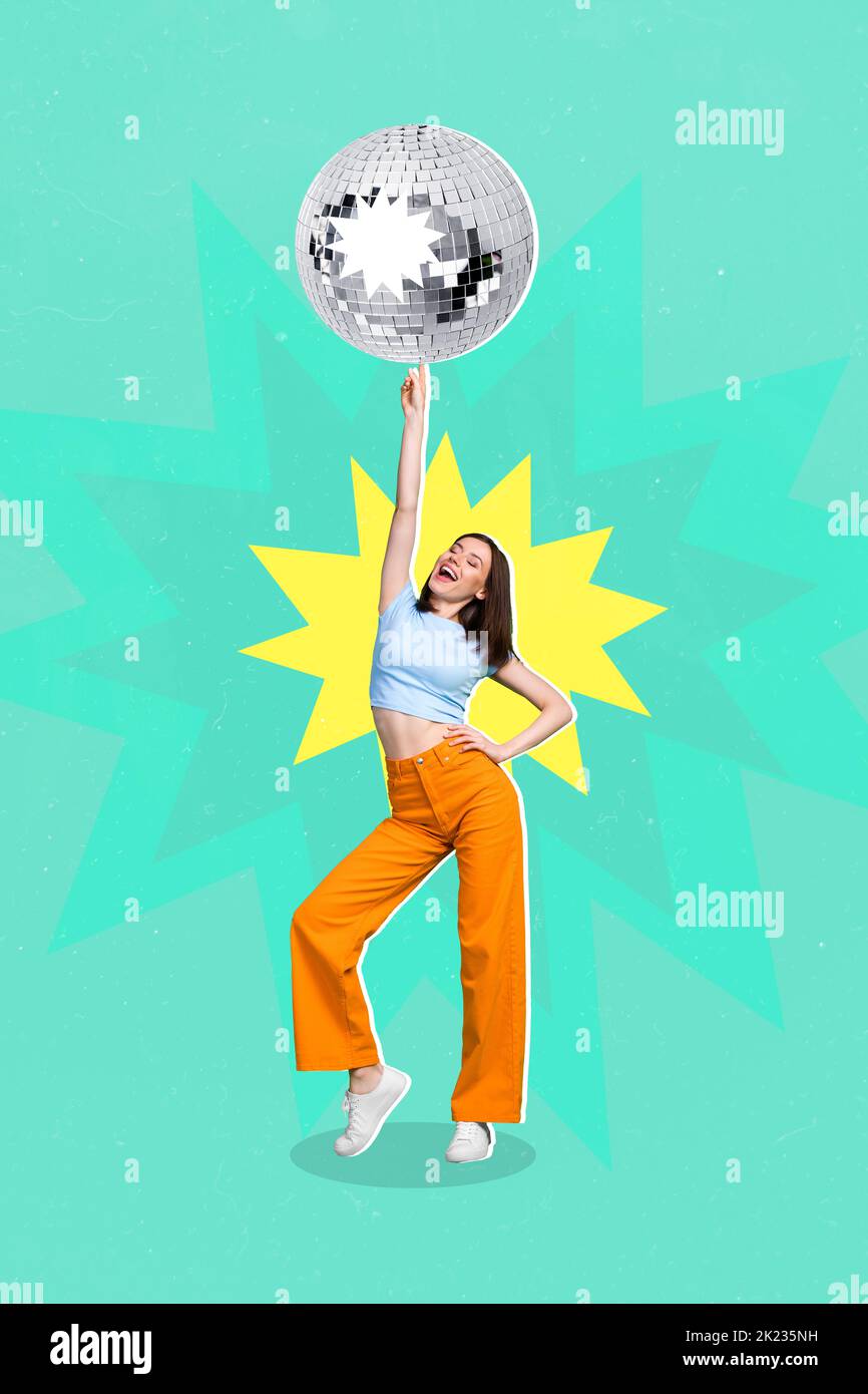 Vertical collage picture of carefree overjoyed girl point finger ...