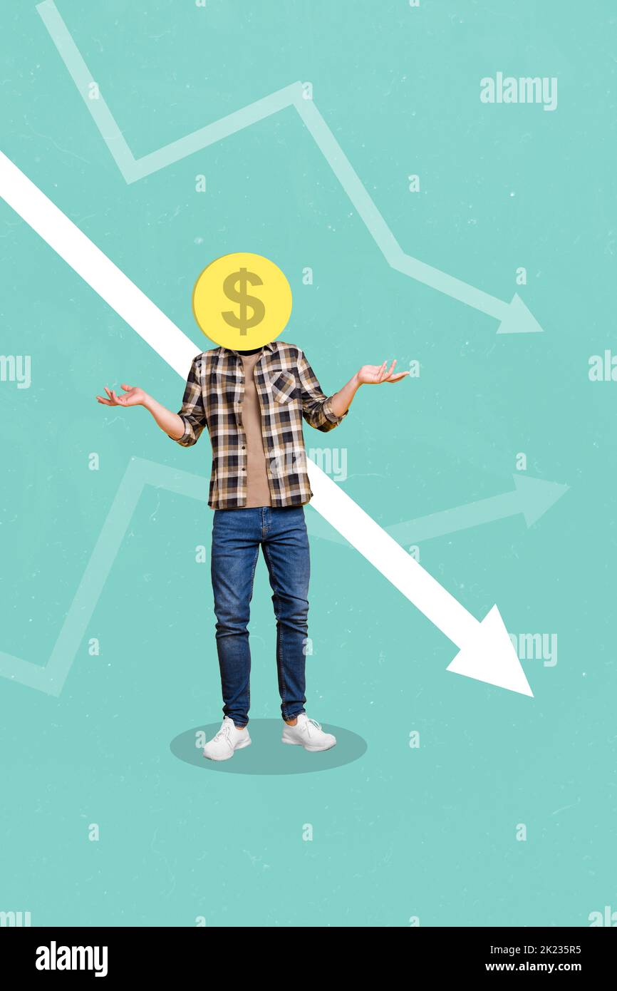 Vertical collage image of clueless guy shrug shoulders coin instead ...