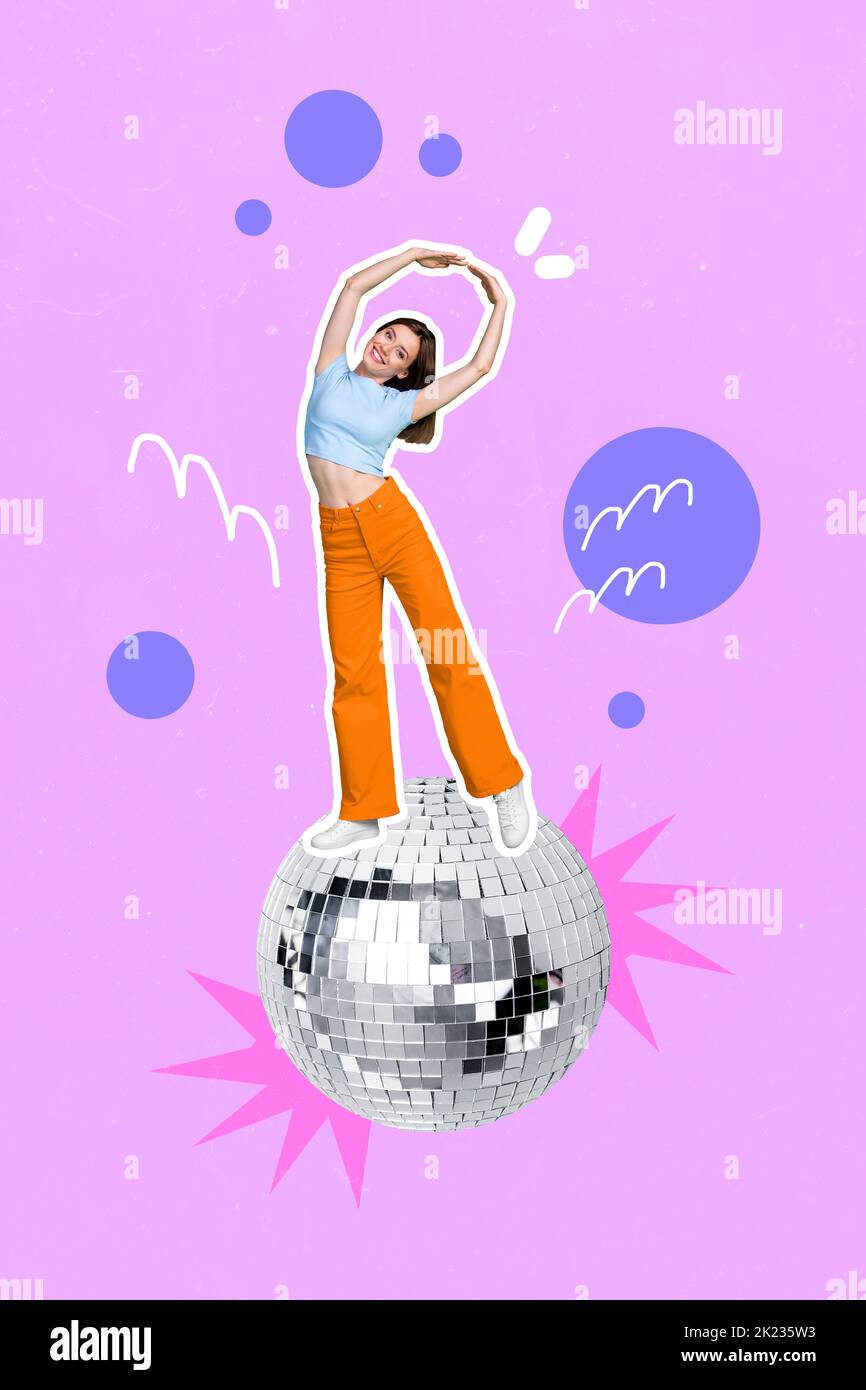 Vertical collage picture of cheerful satisfied girl dancing stand big ...