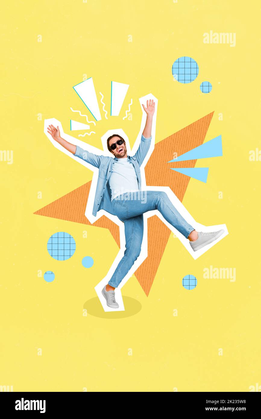 Collage photo of young attractive funny man dancing party hands up ...