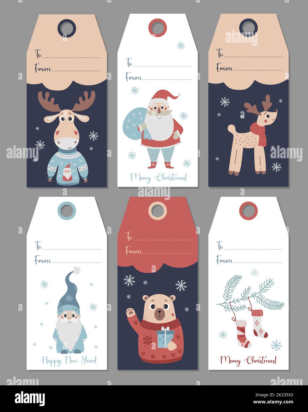 Christmas gift tags. Card labels with cute characters Santa Claus ...