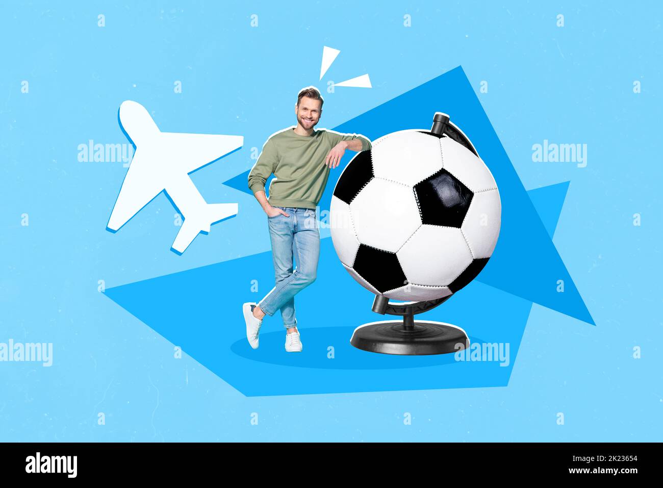 Composite collage picture of cheerful guy stand near huge globe ...