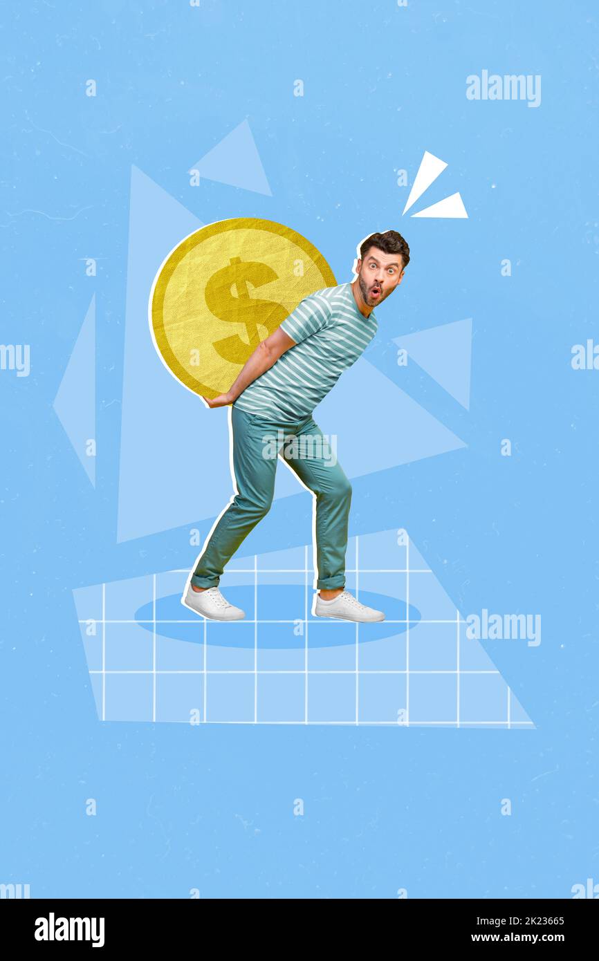 Collage photo of young funny attractive man pick big painted money ...