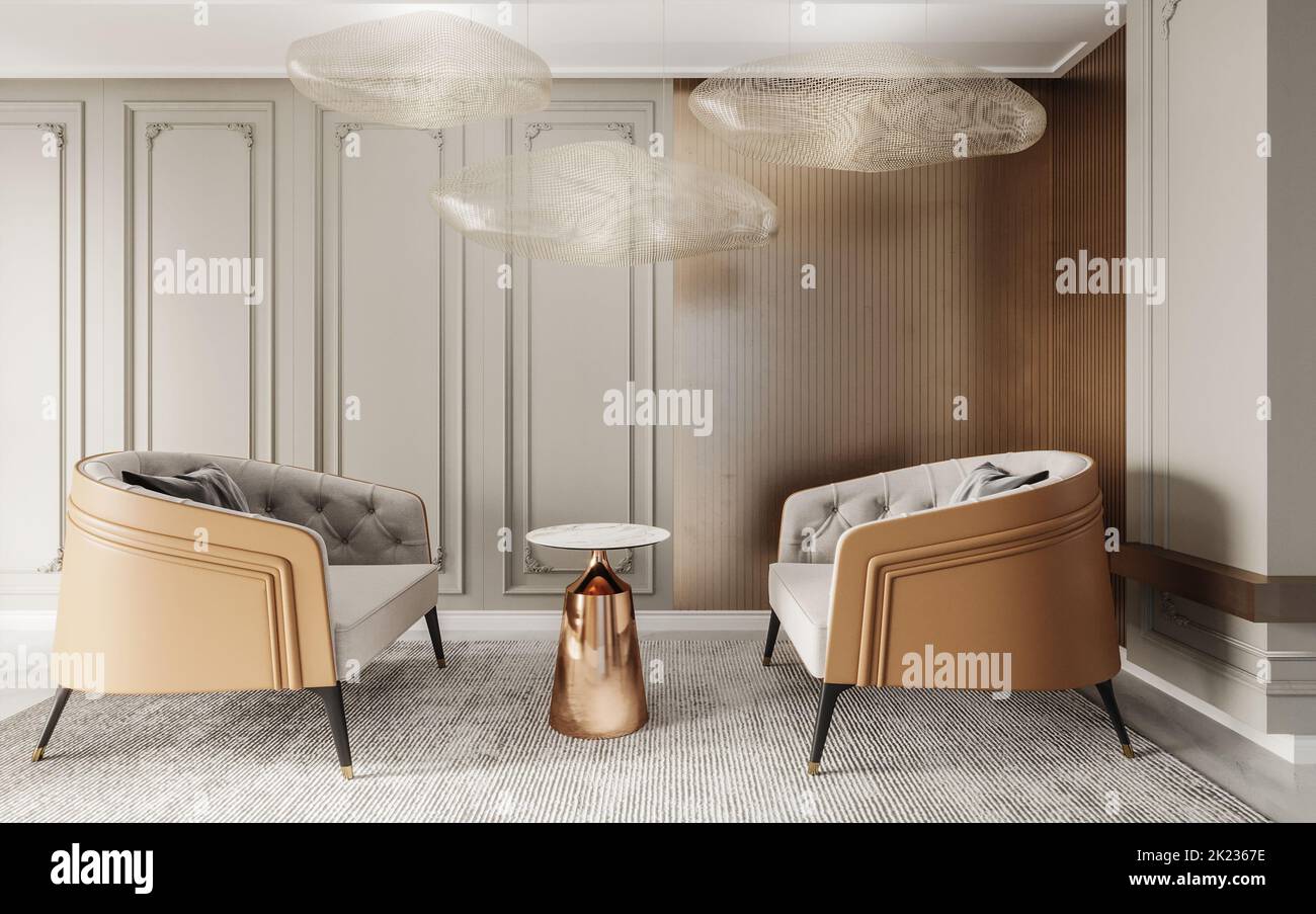 Interior design, modern living room with a two armchairs, coffee table ...