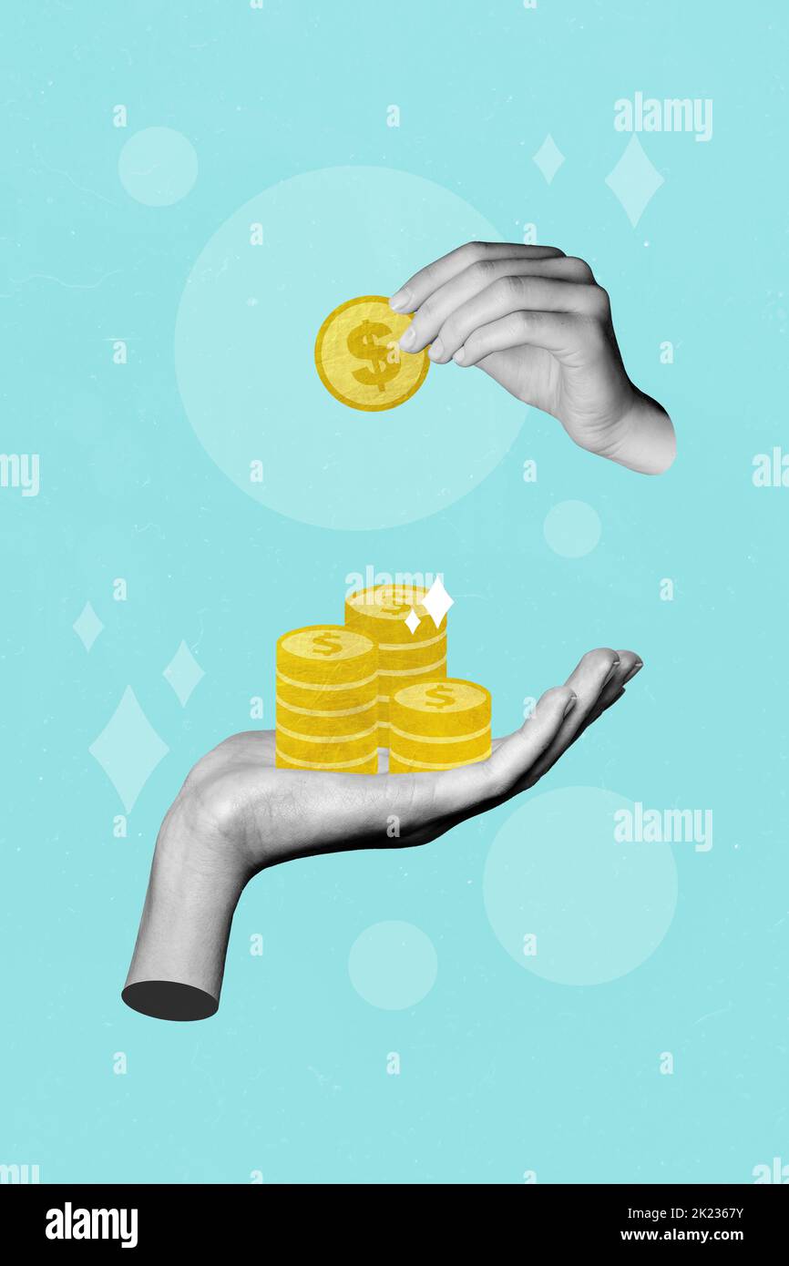 Vertical collage illustration of two human arms black white effect hold ...