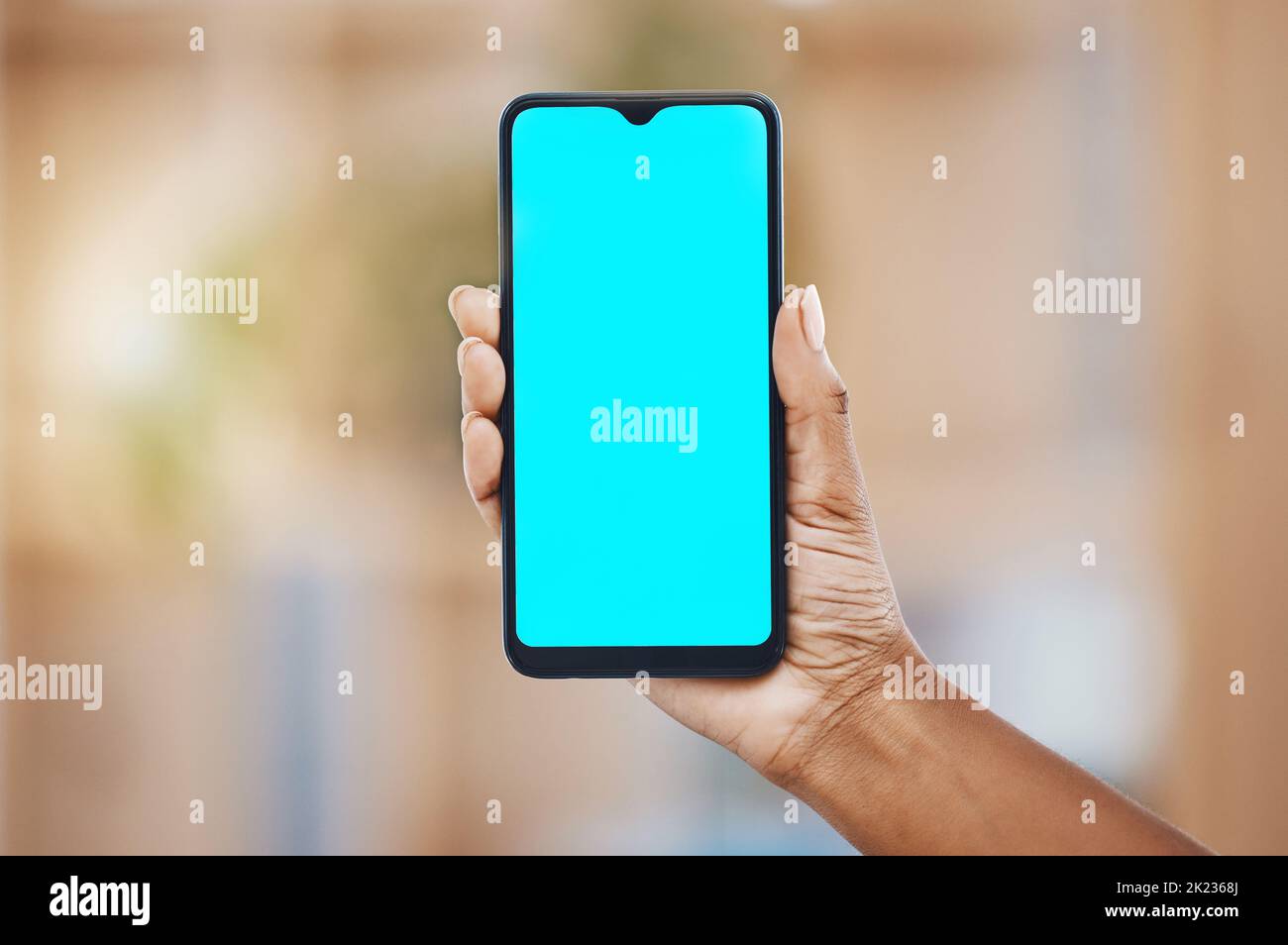 Smartphone technology and woman hands with green screen for ui design ...