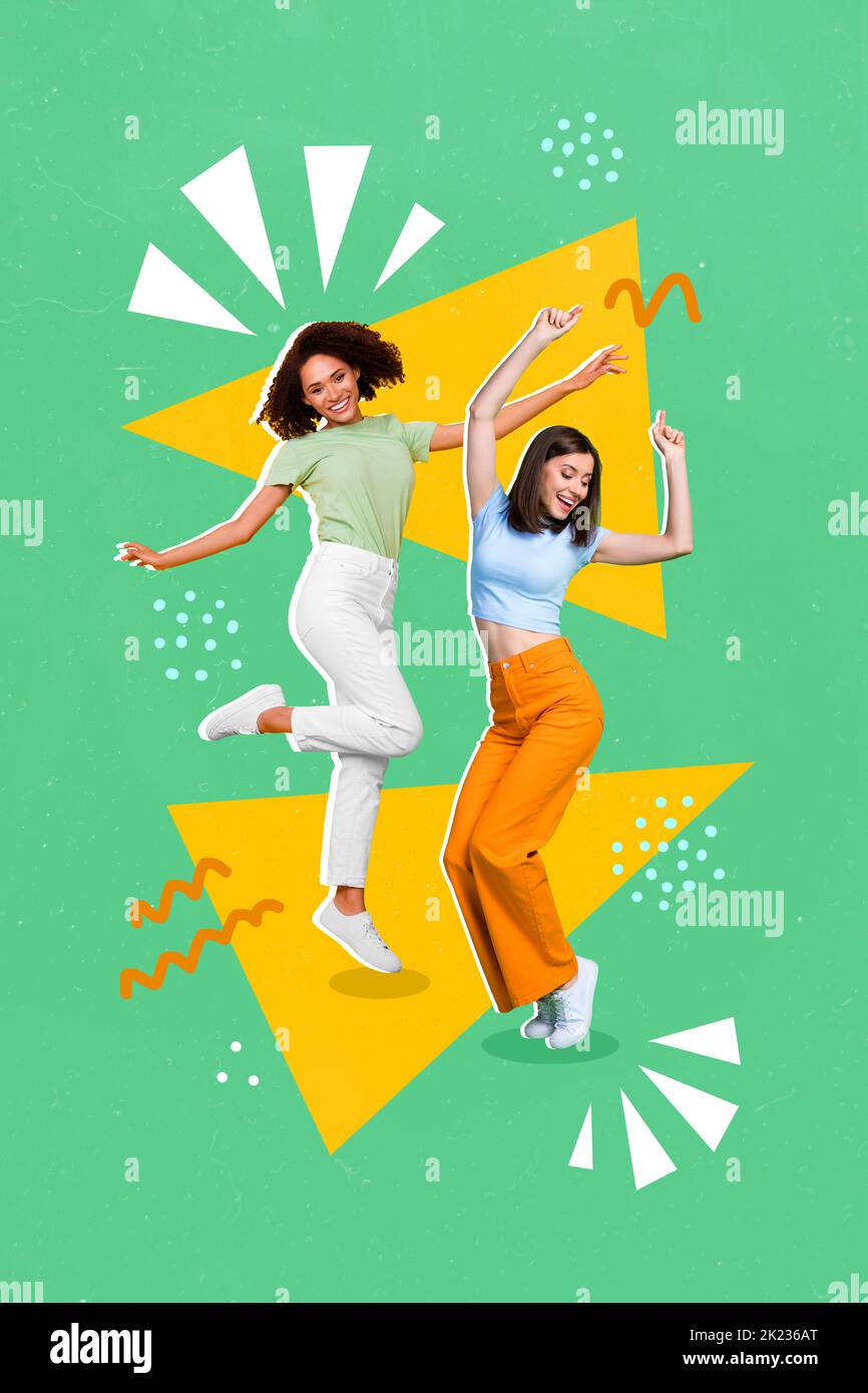Vertical composite collage of two cheerful positive girls enjoy dancing ...
