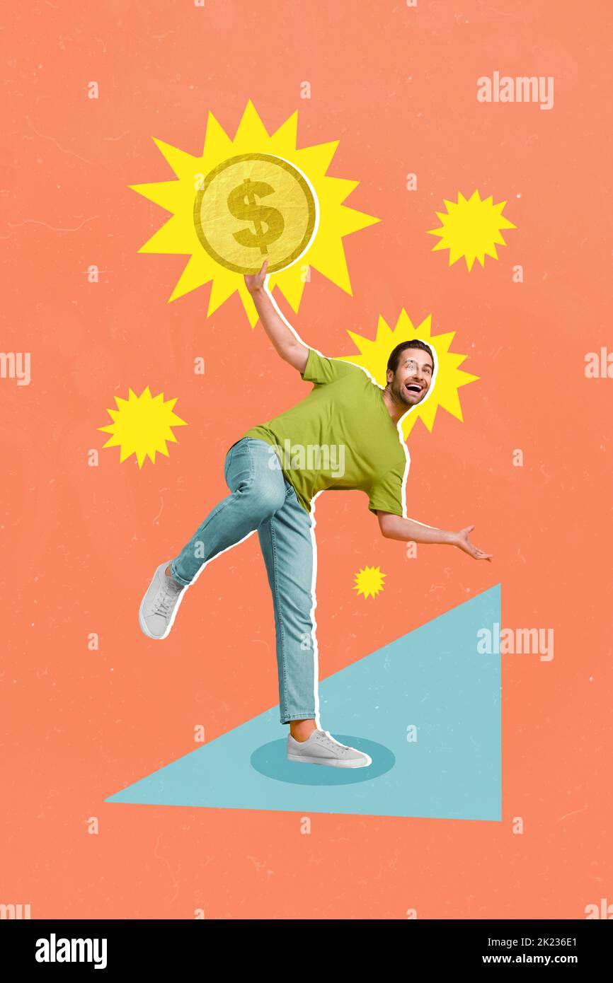 Vertical collage picture of positive guy dancing have good mood painted ...