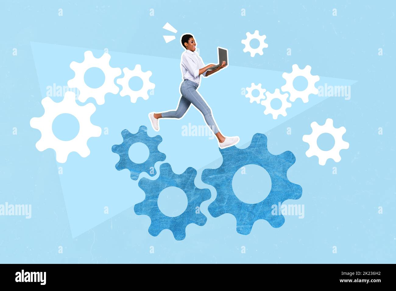 Creative collage picture of mini person running use wireless netbook ...