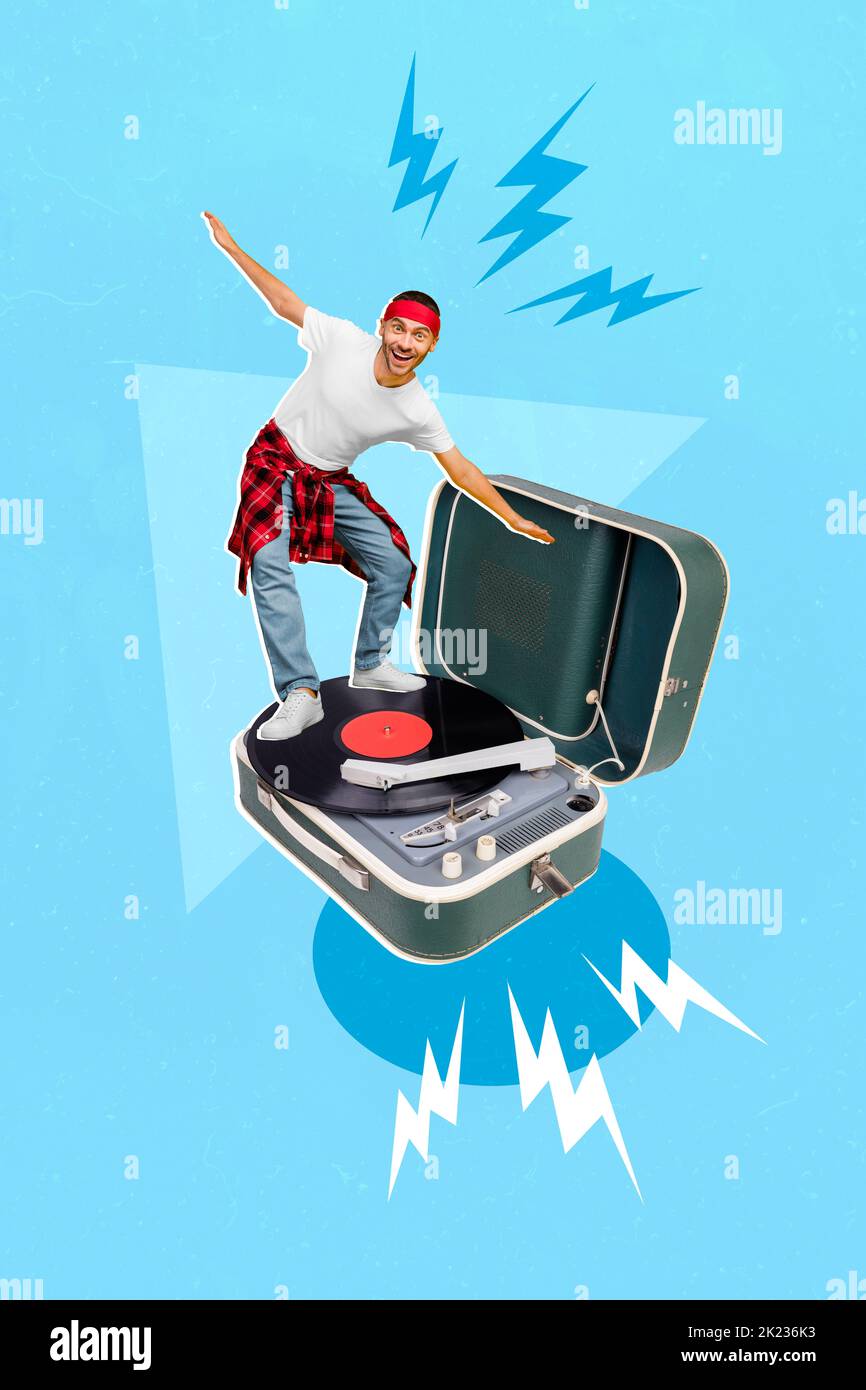 Vertical collage image of cheerful carefree guy dancing big vinyl ...