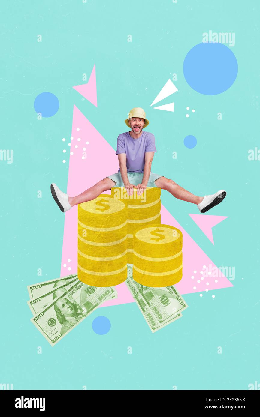 Vertical collage picture of excited overjoyed guy sitting huge pile ...