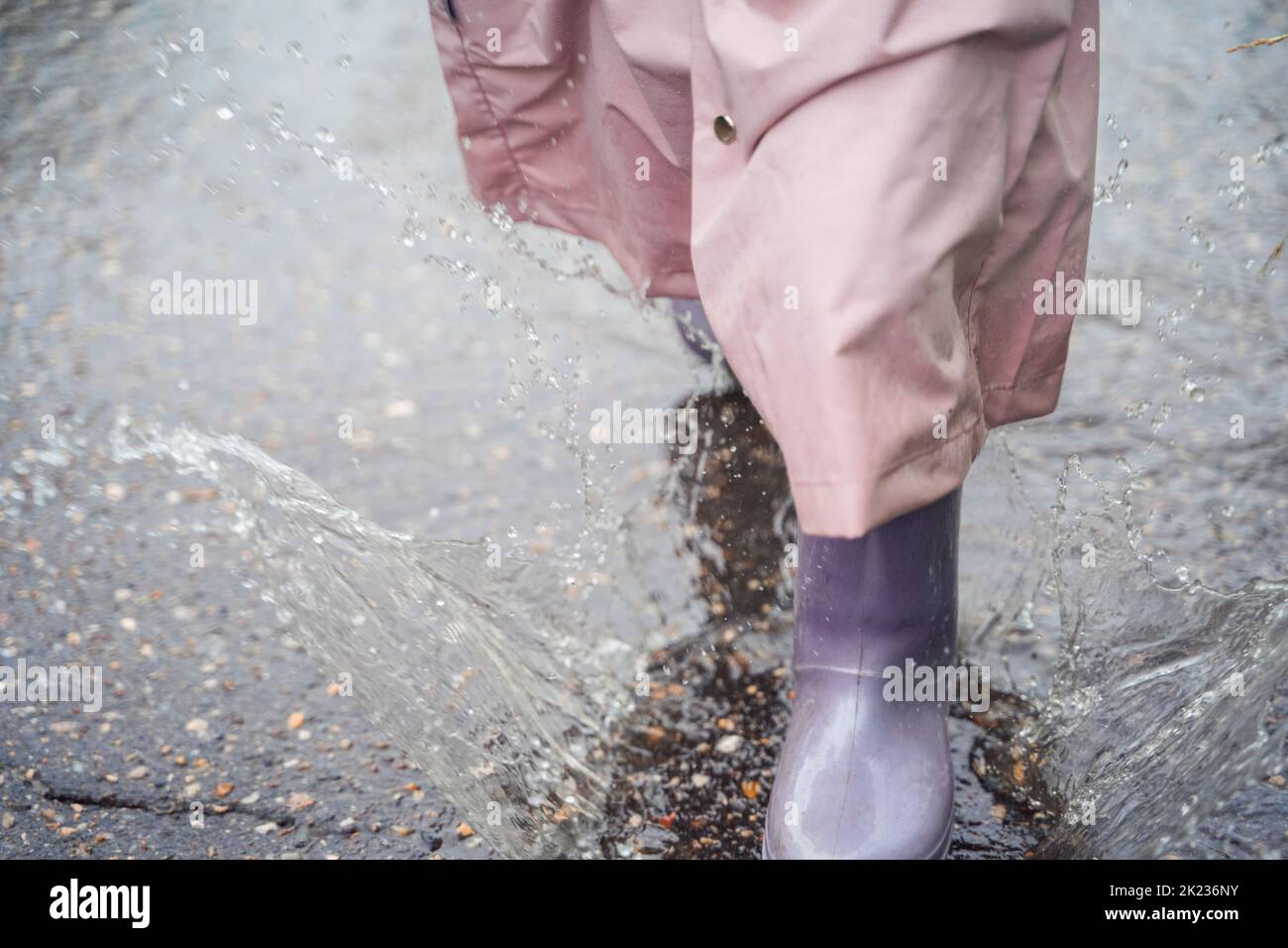 Little girl in pink waterproof raincoat, purple rubber boots funny jumps through puddles on ...