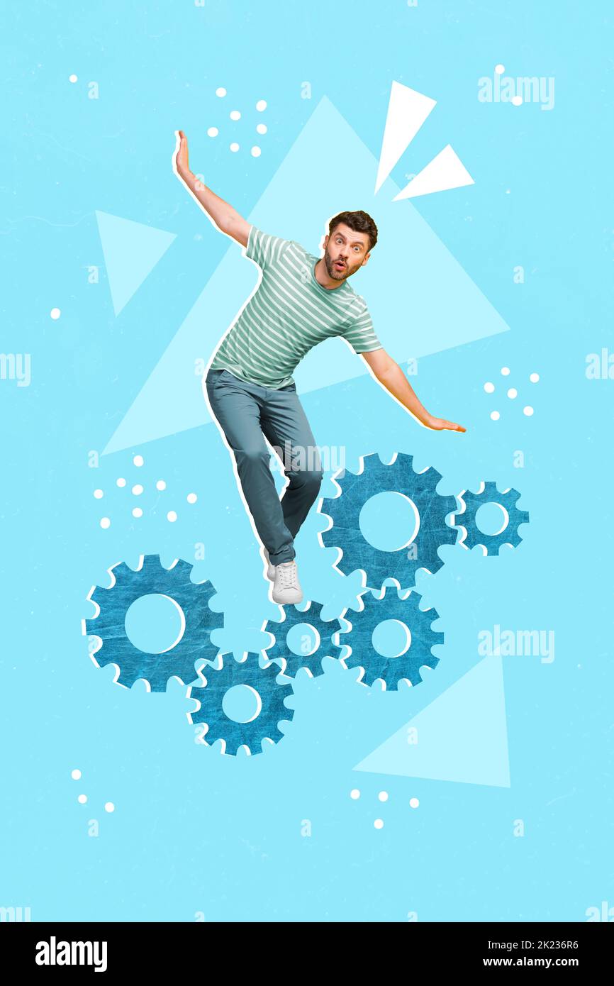 Collage photo of young funny man walk mechanism engine excited walk ...