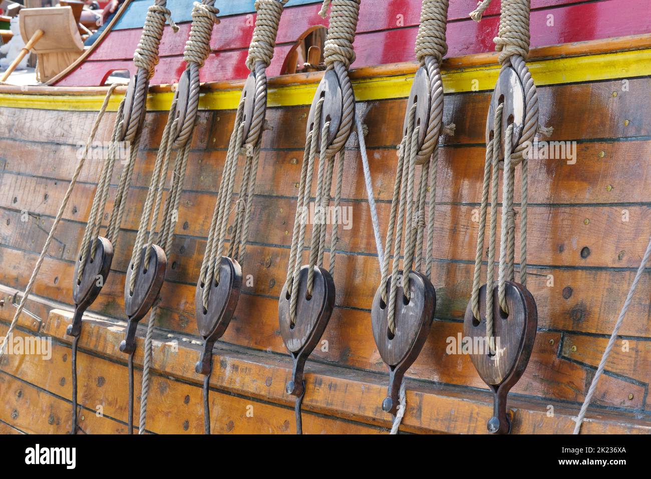 Closeup of ropes and pulleys on the bow of the replica of the dutch ...