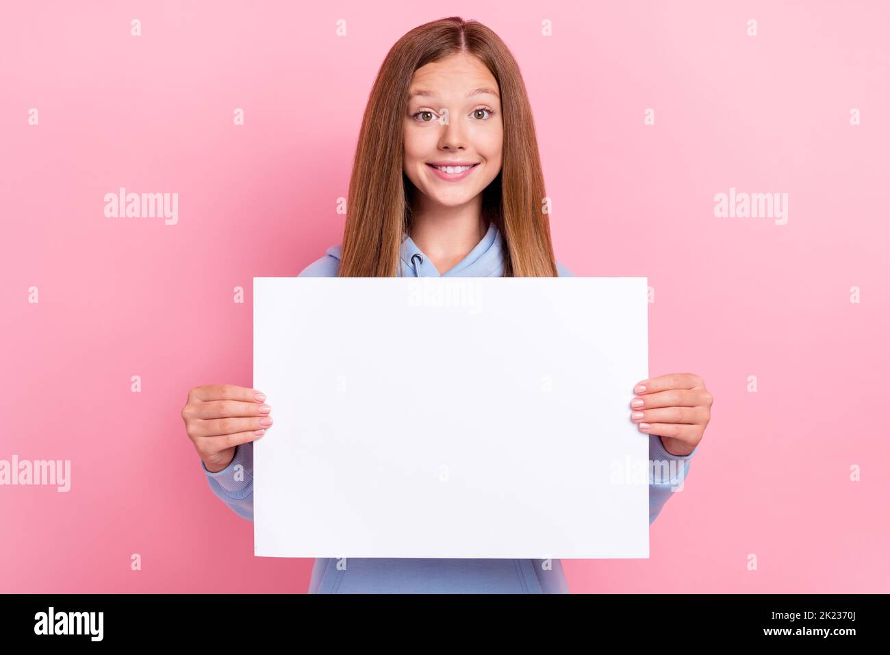 Photo of young small pretty nice cute girlish lady school learner wear blue sweater toothy smile ...