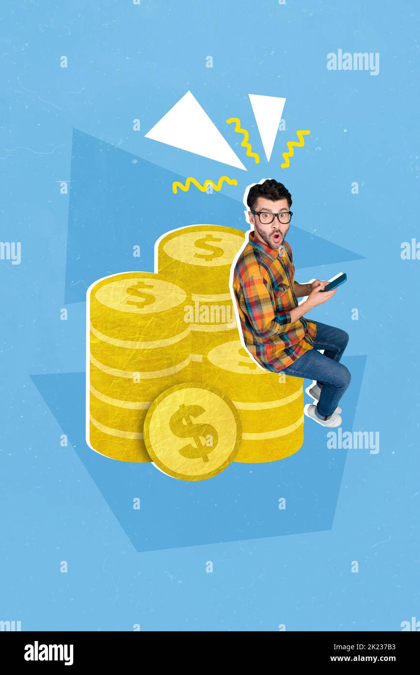 Collage photo of young attractive funny man student sitting painted ...