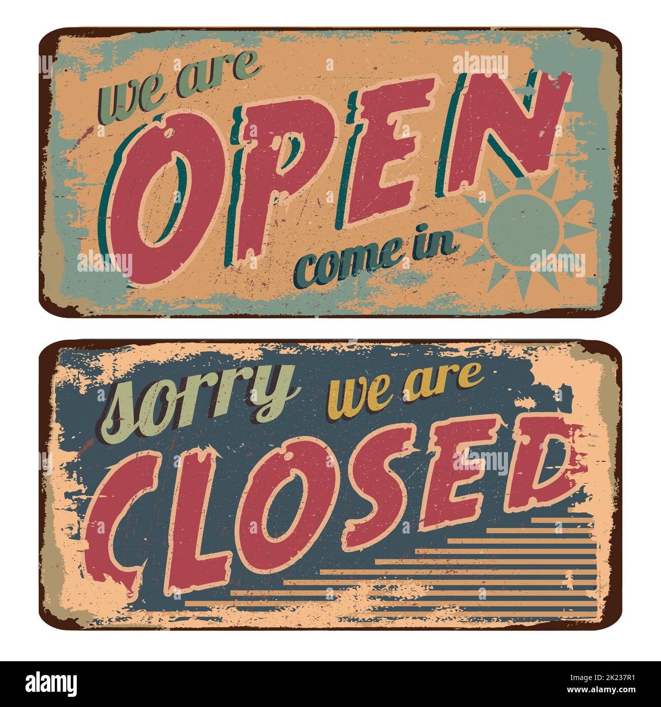 vintage shabby slightly rusty advertising banner. open closed.vector ...