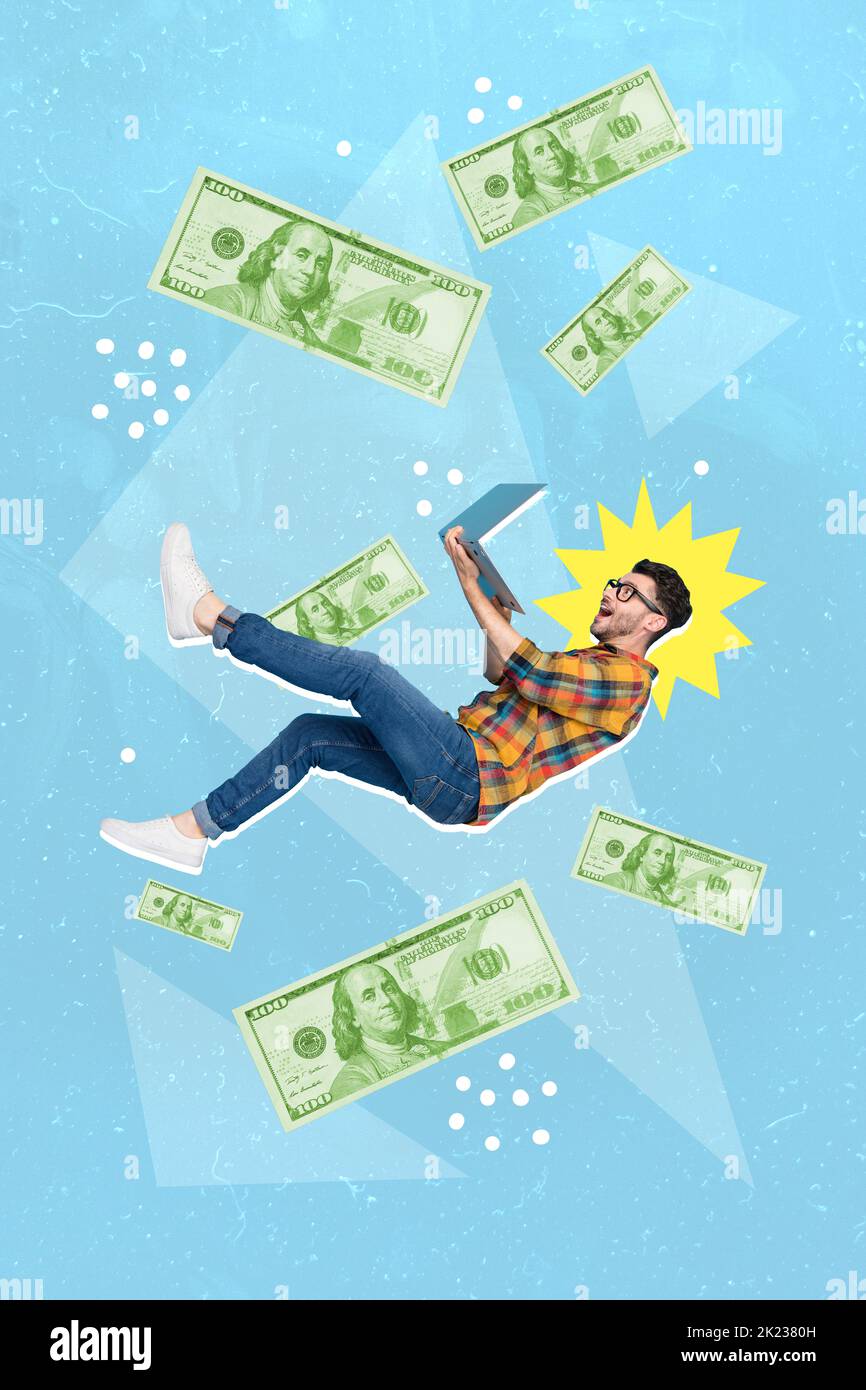 Collage photo of young funny excited student guy hold laptop computer ...