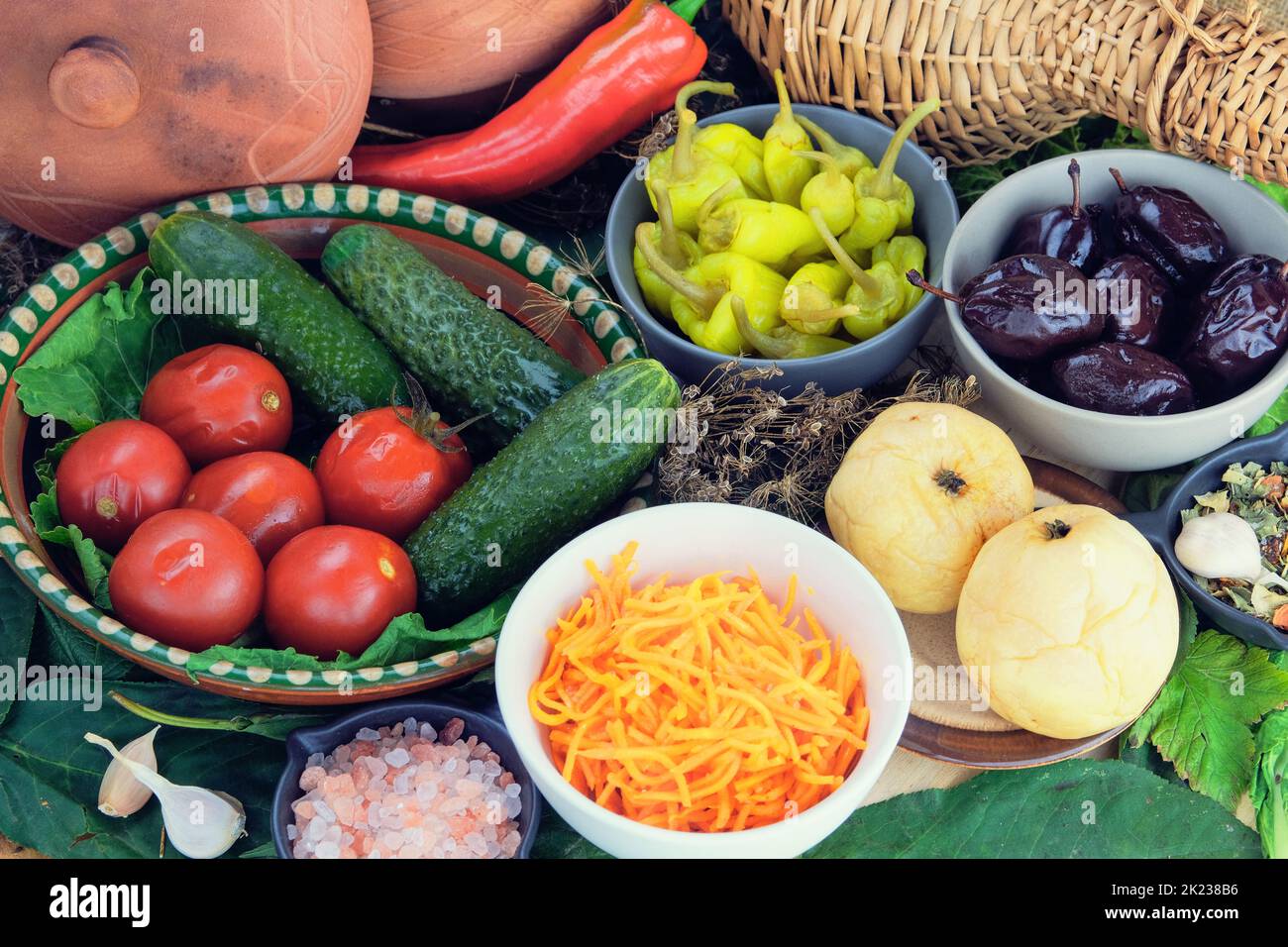 Various fermented food in bowls. Set of marinated products. Healthy ...
