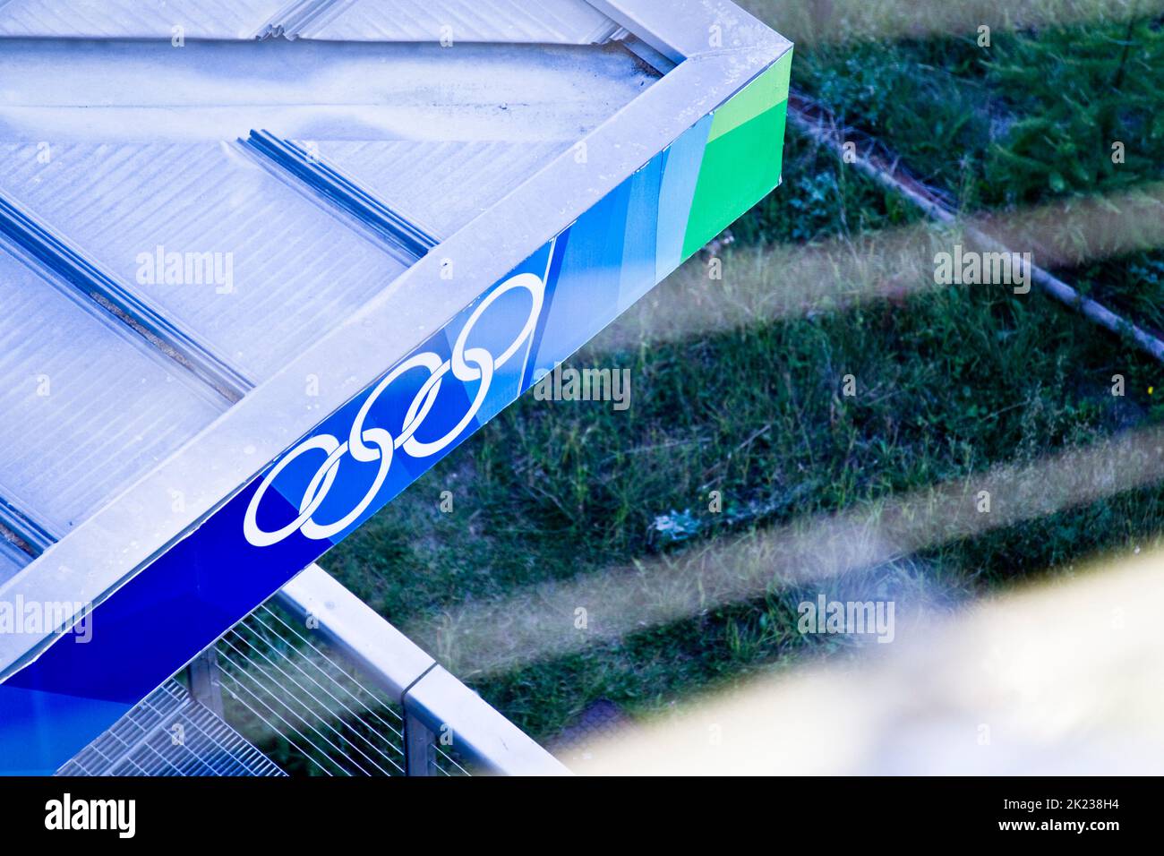 The Olympic rings on the ski jump site of the Turin Olympic Games ...